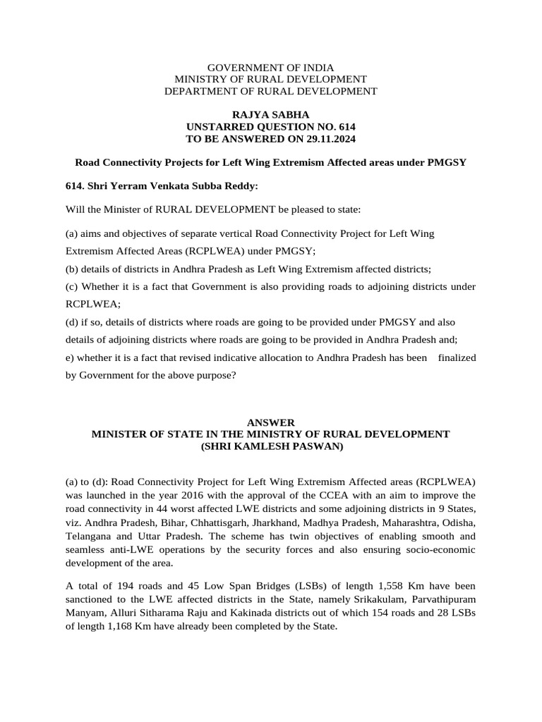 RAJYA SABHA UNSTARRED QUESTION NO. 614 TO BE ANSWERED ON 29TH NOVEMBER ...