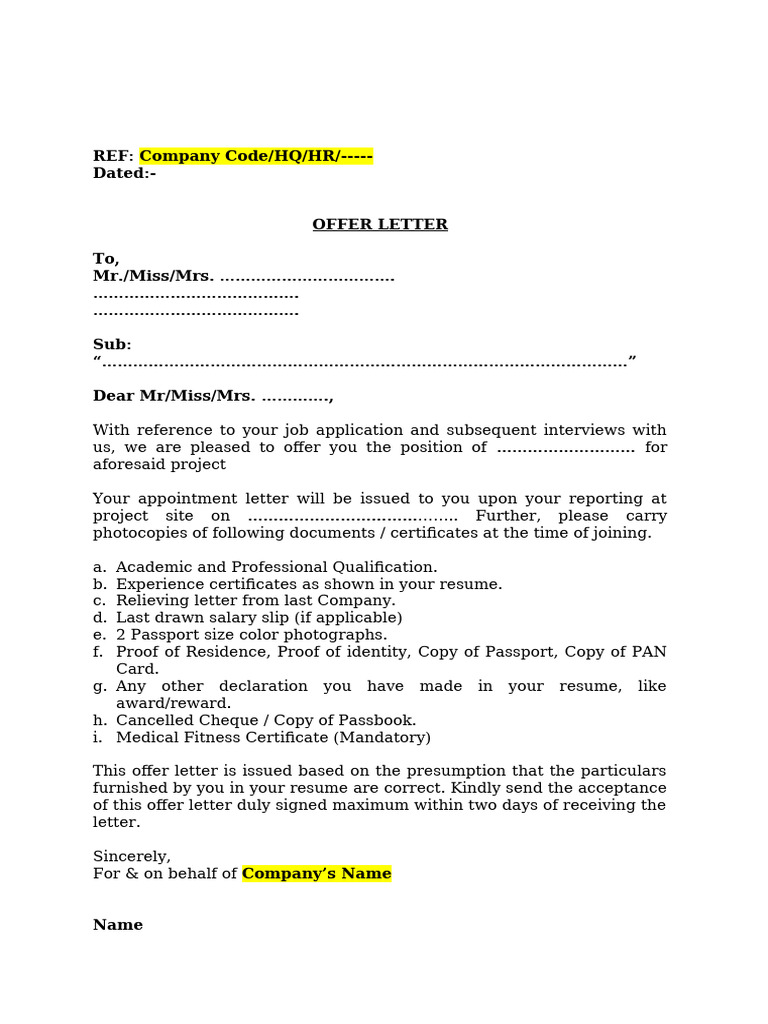 Job Offer Letter Template | PDF