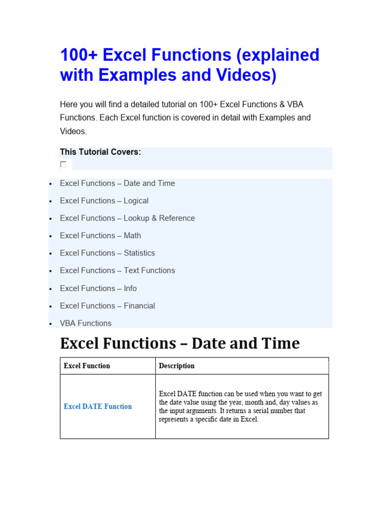 100+ Excel Functions | PDF | Workweek And Weekend | Microsoft Excel