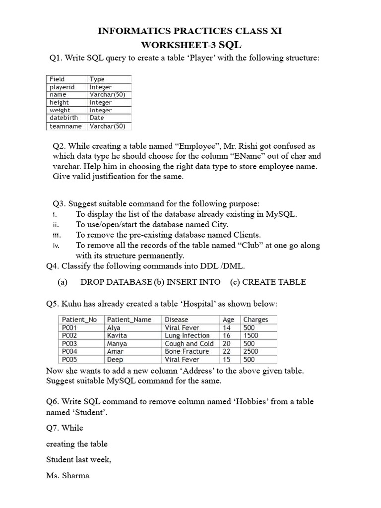 SQL Worksheet for Informatics Practices | PDF