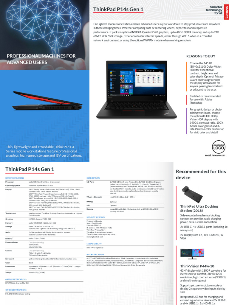 ThinkPad P14s G1 Datasheet | PDF | Hdmi | Usb