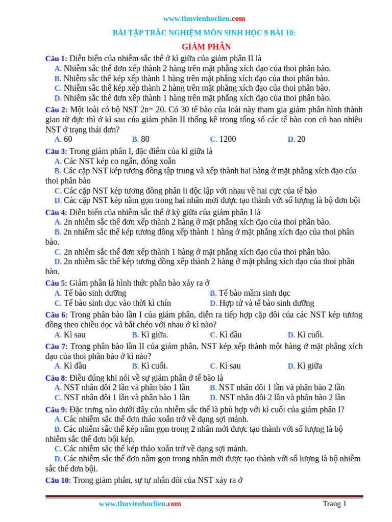 Trac Nghiem Sinh Hoc 9 Bai 10 | PDF