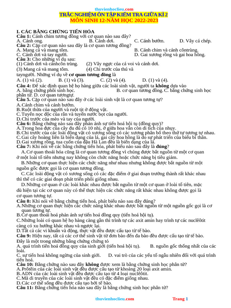 thuvienhoclieu.com-Trac-nghiem-on-tap-SINH-12-giua-hoc-ky-2-nam-22-23 | PDF