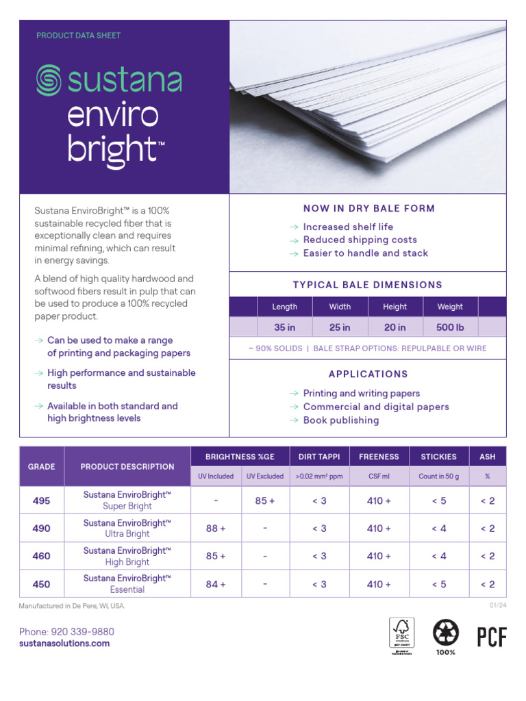 Sustana_EnviroBright_Data_Sheet_EN | PDF | Paper | Wood Products