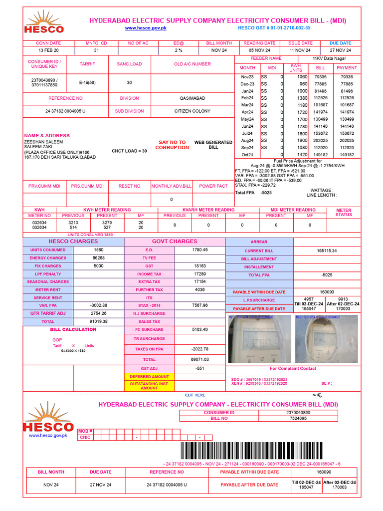 HESCO ONLINE BILL RIviera Nov-24 | PDF | Taxes | Power (Physics)