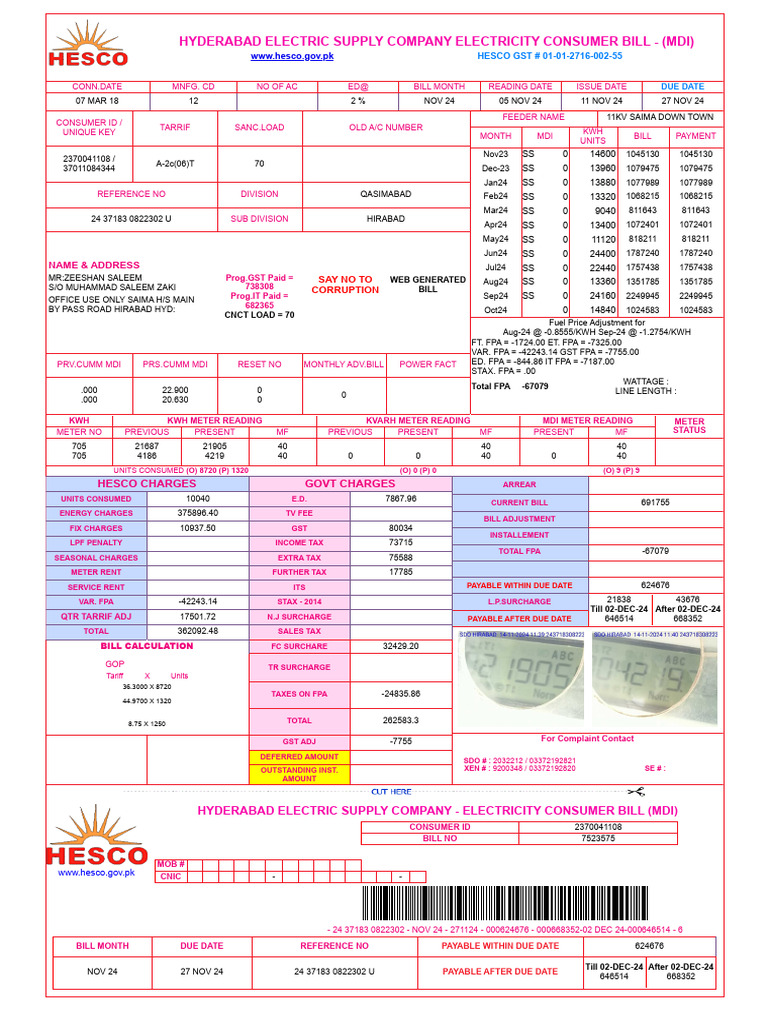 HESCO ONLINE BILL SDT Nov-24 | PDF | Electric Power | Money