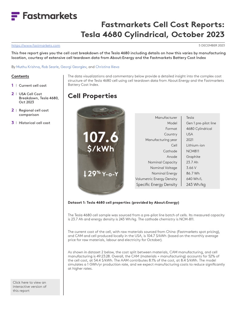 Tesla 4680 Cell Cost Analysis, Oct 2023 | PDF | Lithium Ion Battery ...