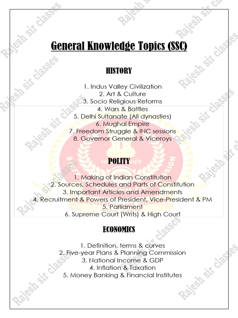 GK Topics- SSC CGL 2023 | PDF