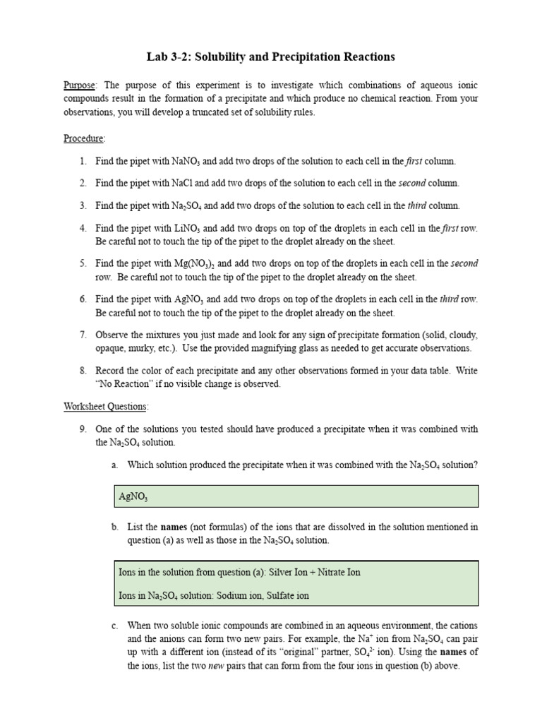 Lab 3-2 - Worksheet | PDF | Precipitation (Chemistry) | Ion
