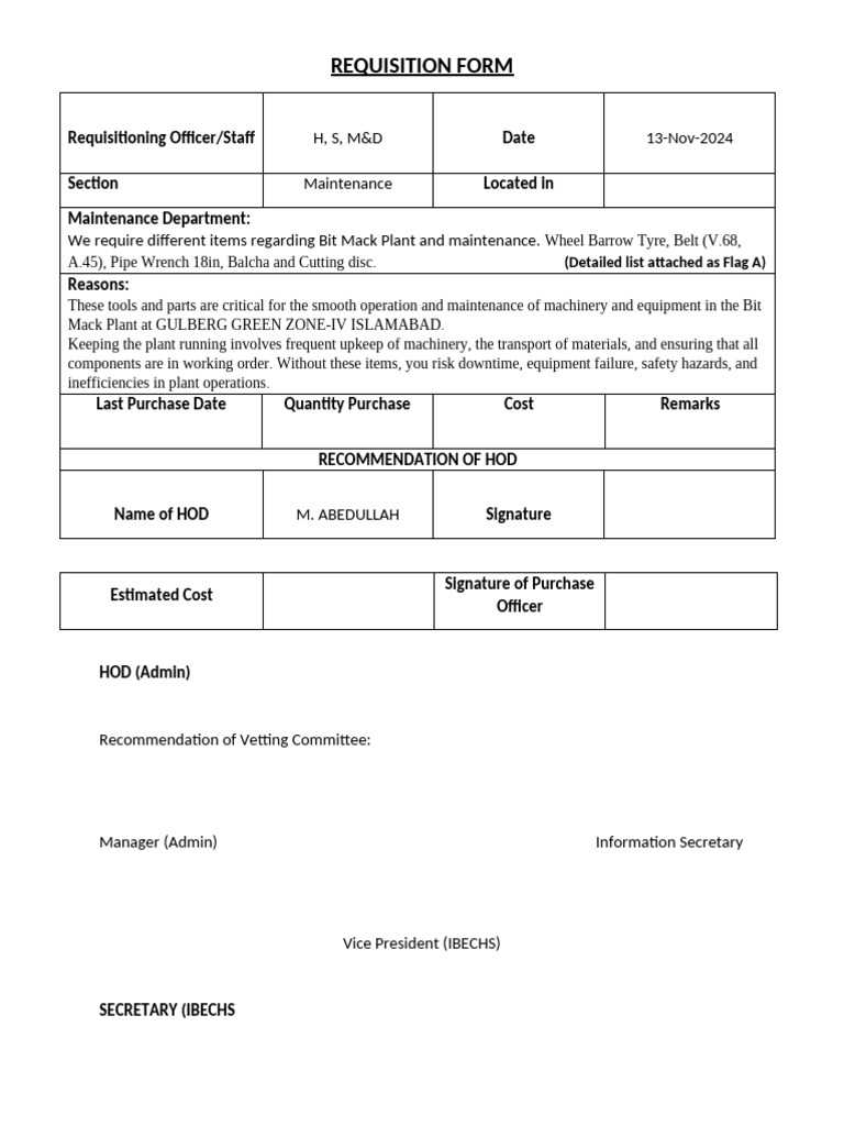 Maintenance Tools Requisition Form | PDF