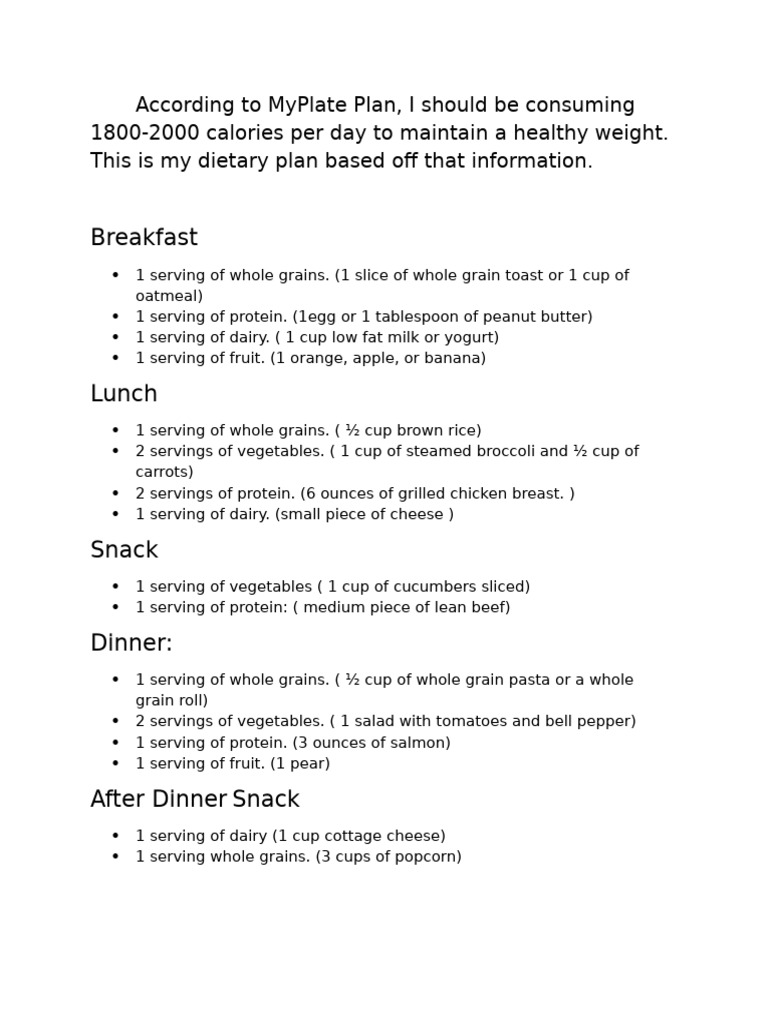 MyPlate 1800-2000 Calorie Meal Plan | PDF