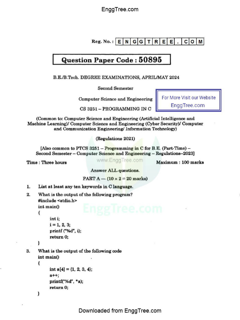 CS3251 Programming in C Apr May 2024 Question Paper Download | PDF
