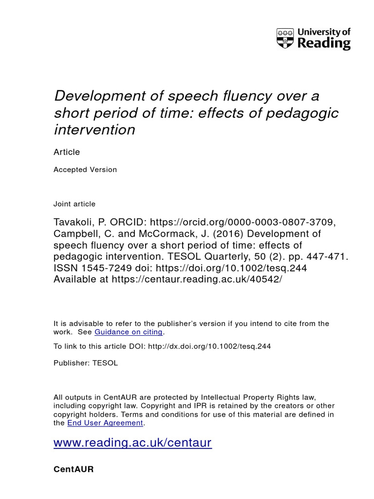 Tavakoli, Campbell & McCormack Development of Speech Fluency Article | PDF | Fluency | Second ...