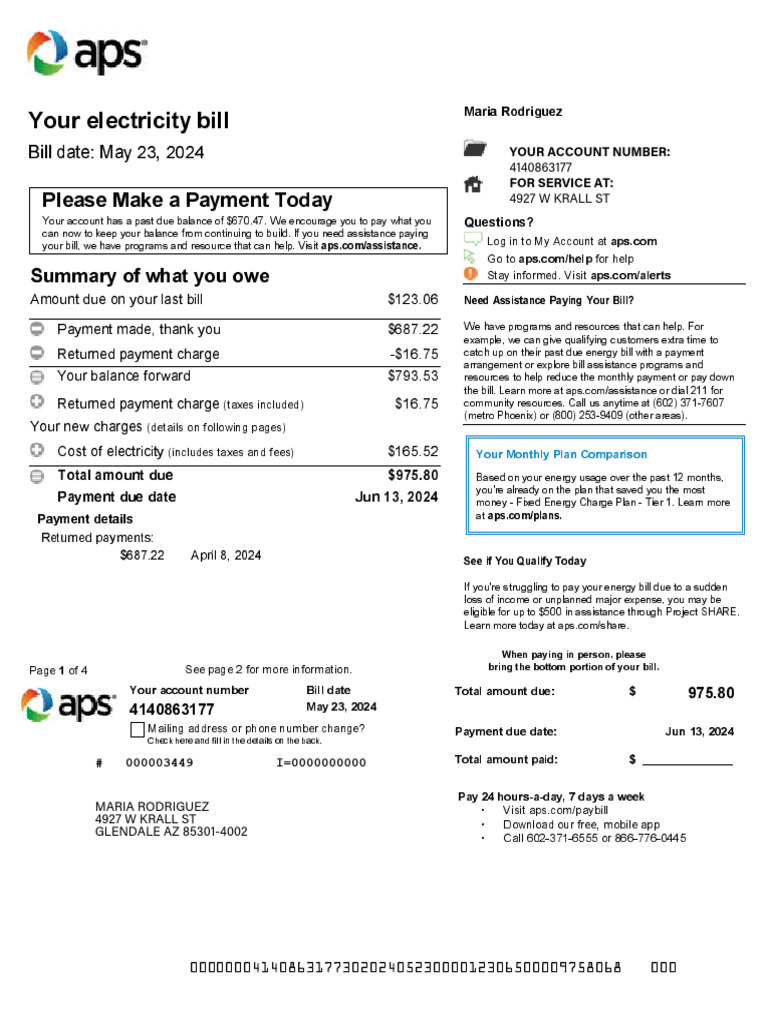 'Maria APS Bill_compressed | PDF | Fee | Electric Power
