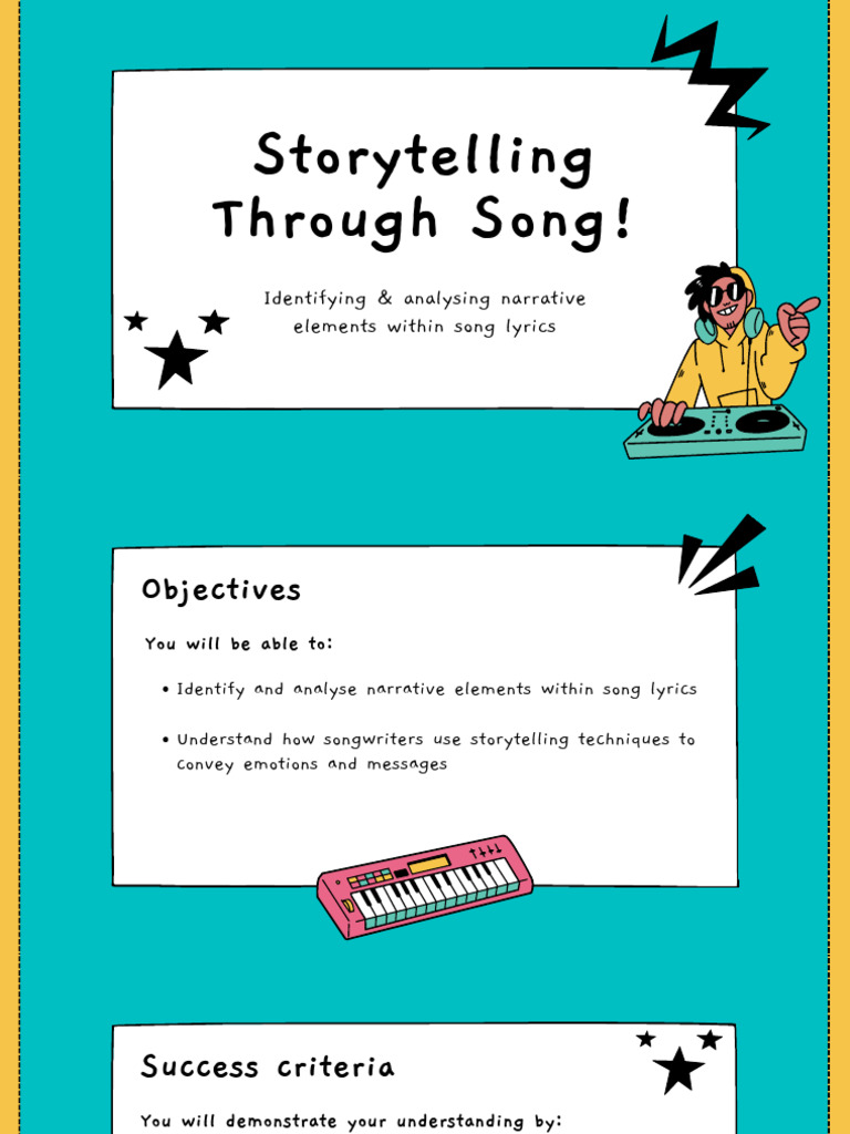 Narrative within songs presentation in turquoise and yellow comic style ...