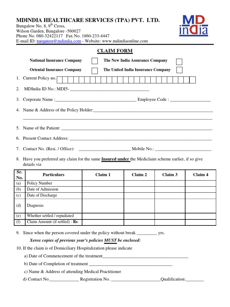 Mdindia Healthcare Services (Tpa) Pvt. LTD.: Claim Form | PDF ...