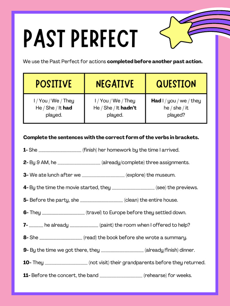 Past Perfect Worksheet in Pink Purple Retro Style | PDF