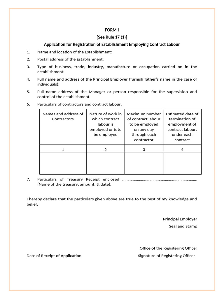 Contract Labour Registration Form | PDF
