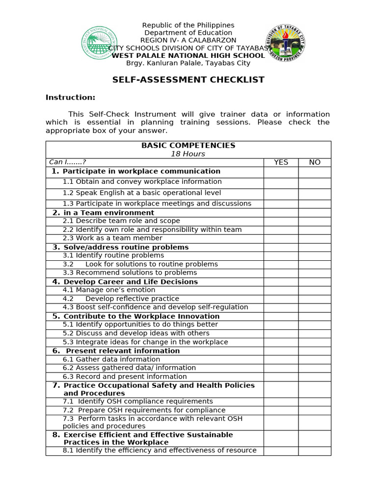 2 - Self-Assessment Checklist | PDF | Hors D'oeuvre | Information