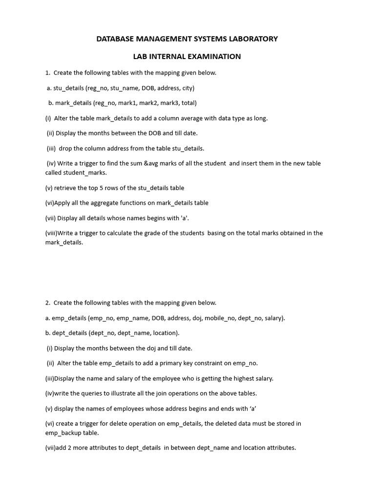 DBMS Lab Internal Question Paper | PDF | Relational Model | Table (Database)