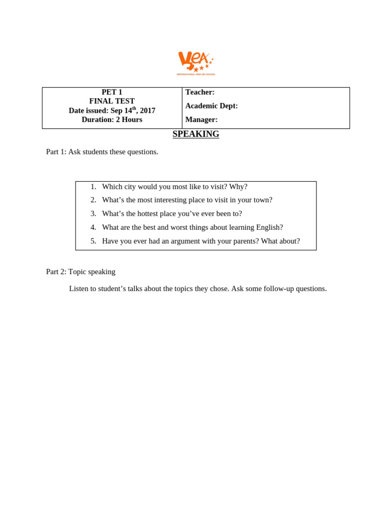 PET 1 Speaking Test Questions Guide | PDF