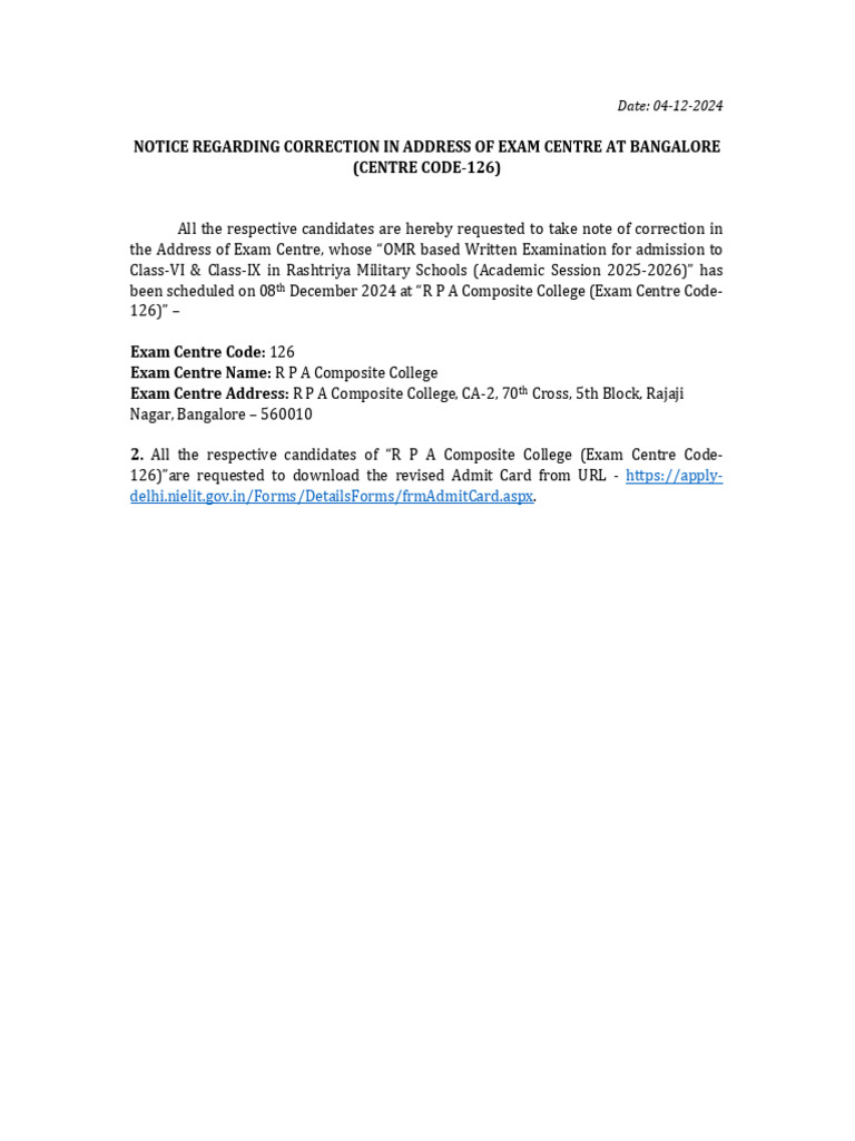 Admit Card Correction Notice for RPA | PDF