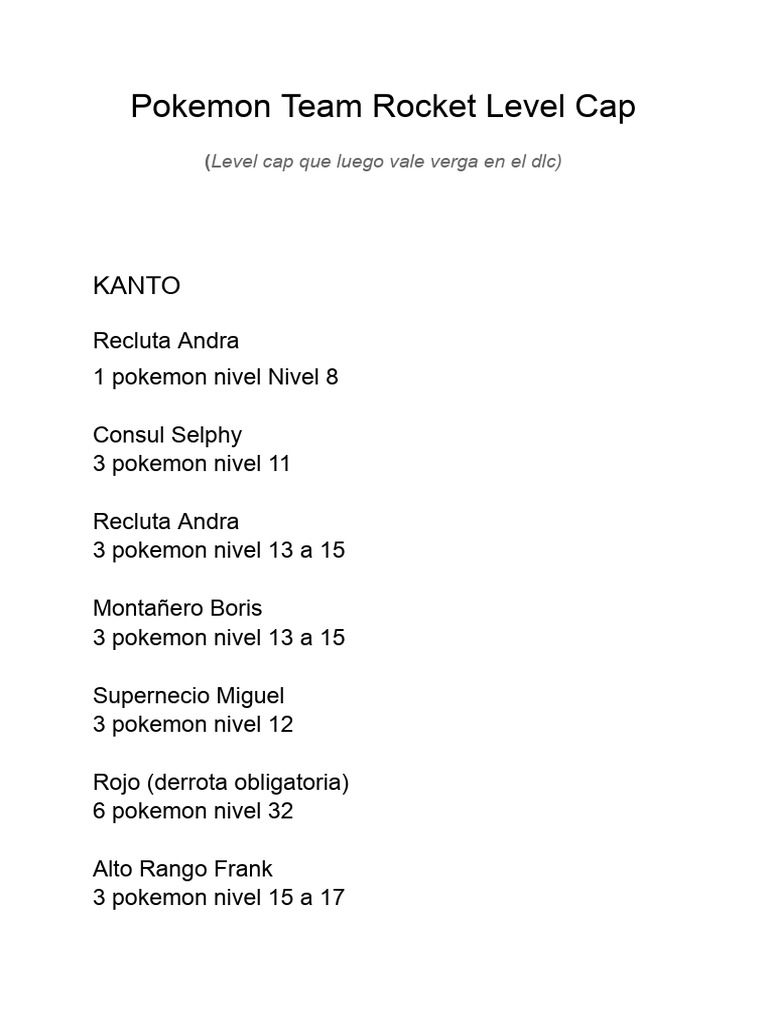 Niveles y Caps en Pokémon Team Rocket | PDF | Pokémon | Mitopoeia