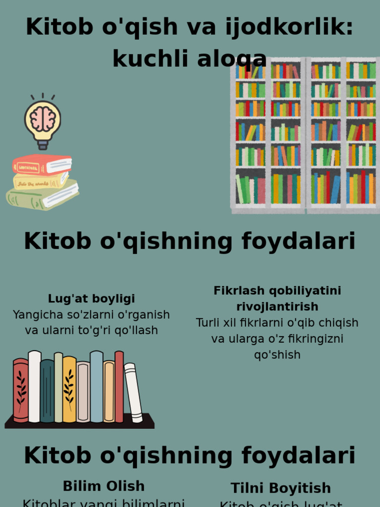 Kitob o'qish va ijodkorlik kuchli aloqa.pptx | PDF