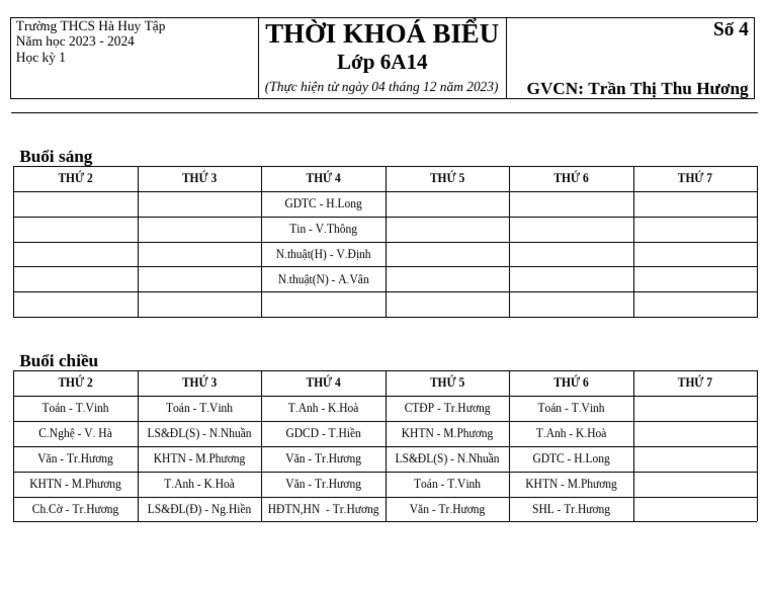 Thời Khoá Biểu: GVCN: Trần Thị Thu Hương | PDF