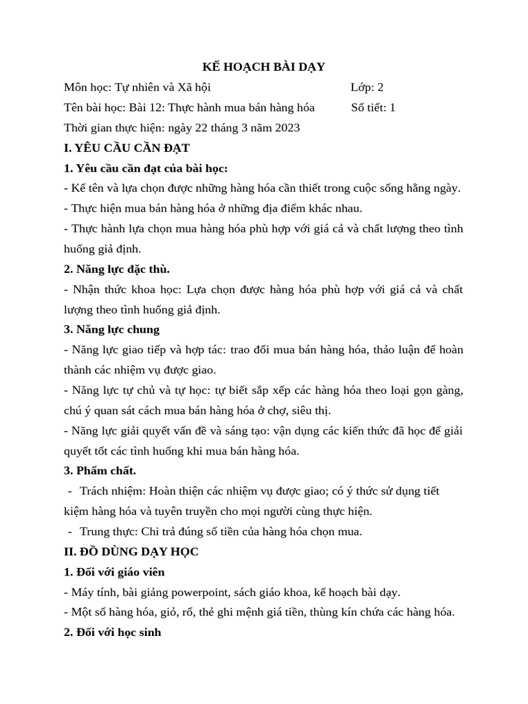 Khbd Môn Tn&Xh Lớp 2 Thực Hành Mua Bán.docx Hoàn Chỉnh | PDF