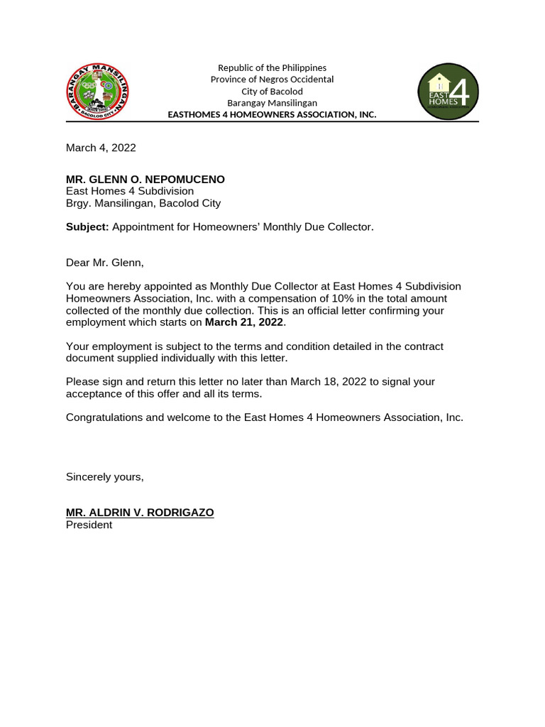 Appoinment Letter For Monthly Due Collector | PDF
