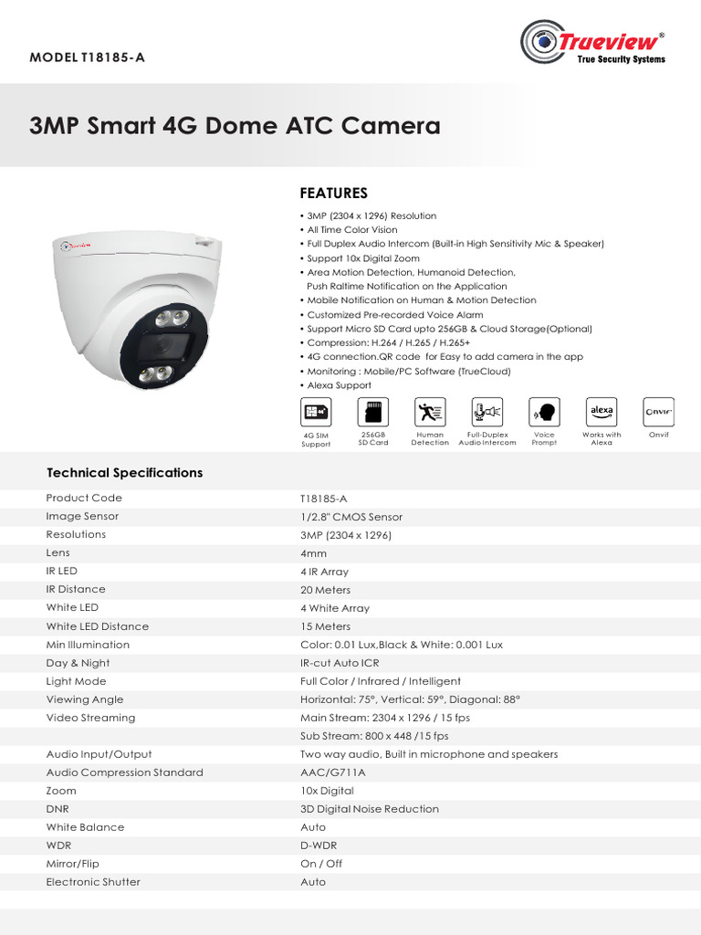 3MP Smart 4G Dome ATC Camera T18185 | PDF