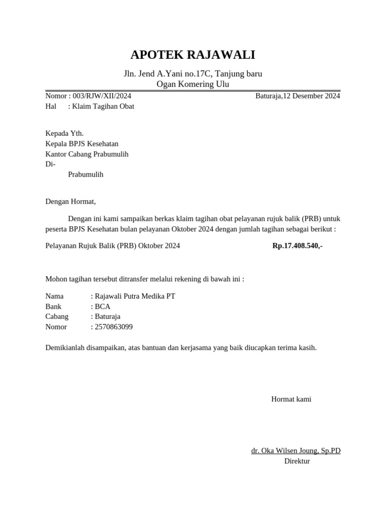 Surat Klaim PRB Oktober 2024 | PDF