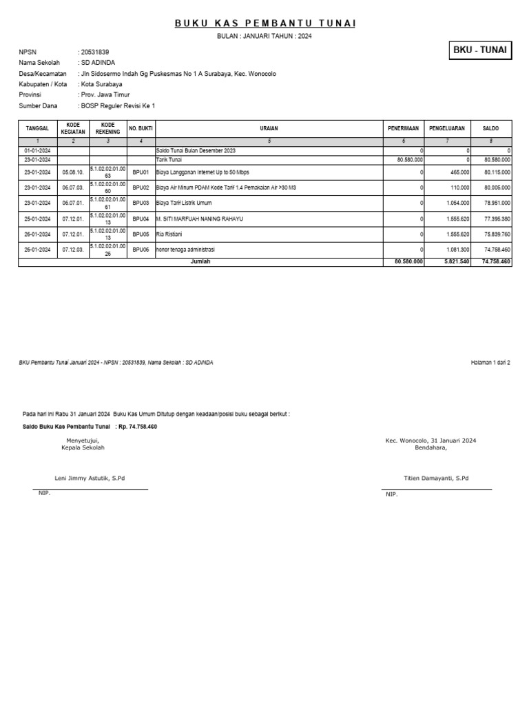 Laporan BKU Tunai SD Adinda Jan-Jun 2024 | PDF