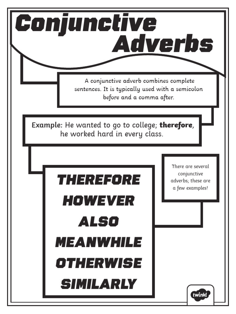 BW Conjunctive Adverb Poster for 6th to 8th Grade | PDF