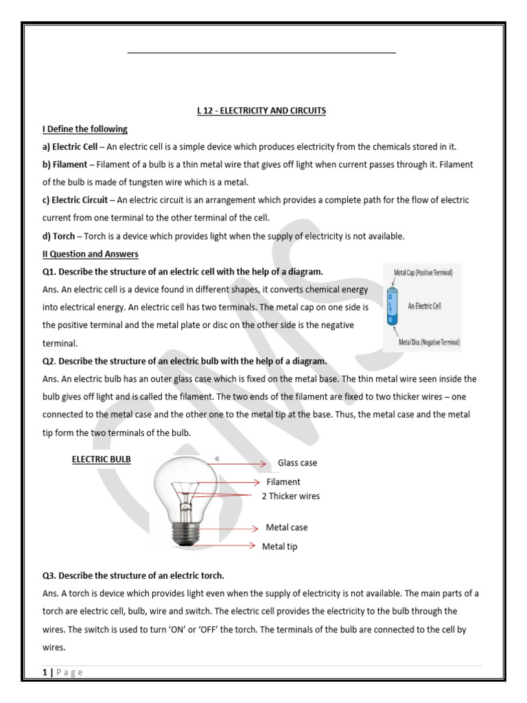Class VI General Science: Electricity Notes | PDF | Incandescent Light ...