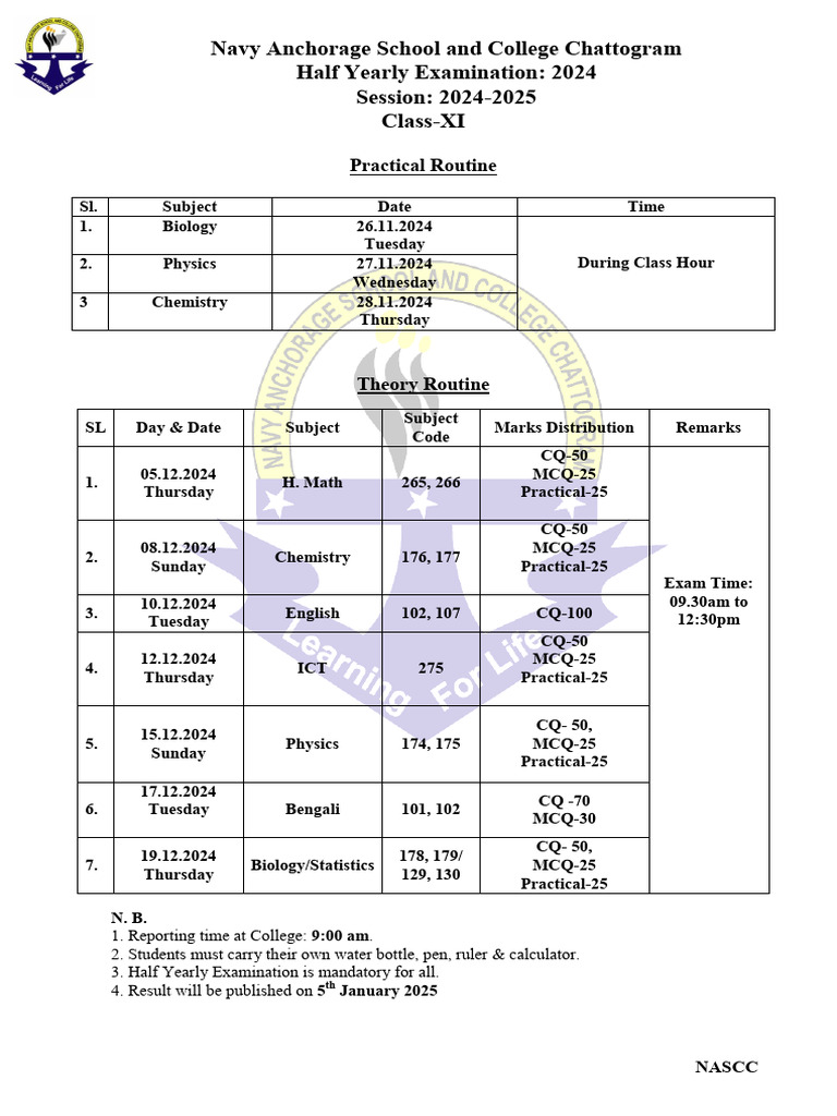 Half Yearly Examination Routine 2024-2025 | PDF | Qualifications