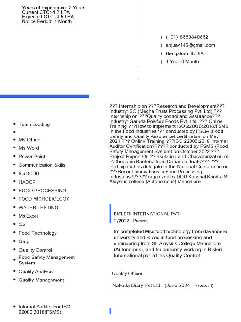 anju resume final | PDF | Food Industry | Food Science