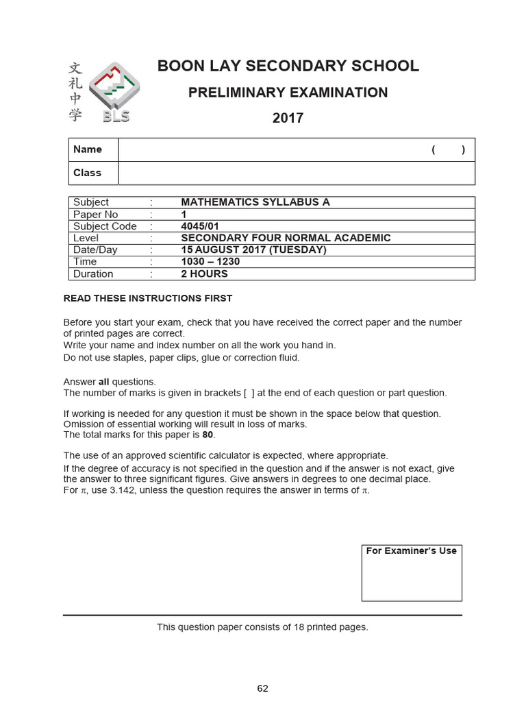 e-math sec 4 na sa2 2017 boon lay sec | PDF | Area | Density