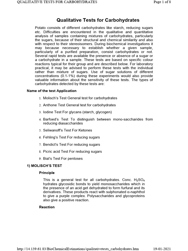 Qualitative Test for Carbohydrates | PDF | Carbohydrates | Solubility
