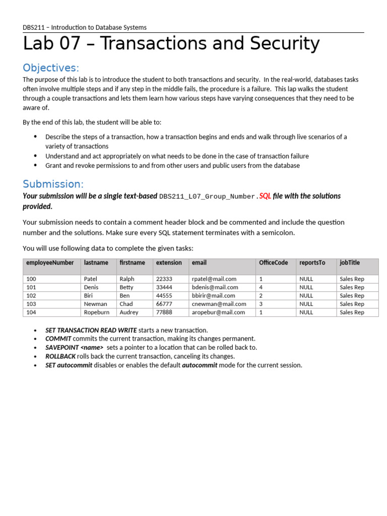 DBS211 Lab07 Transactions | PDF | Database Transaction | Table (Database)