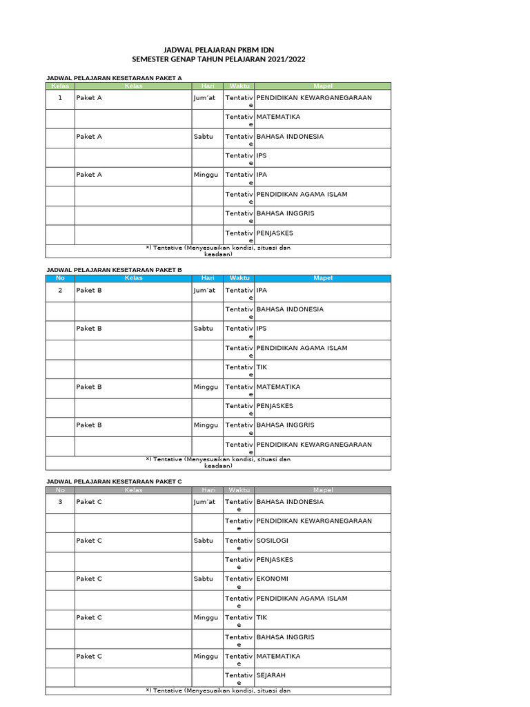 Jadwal Pelajaran PKBM | PDF