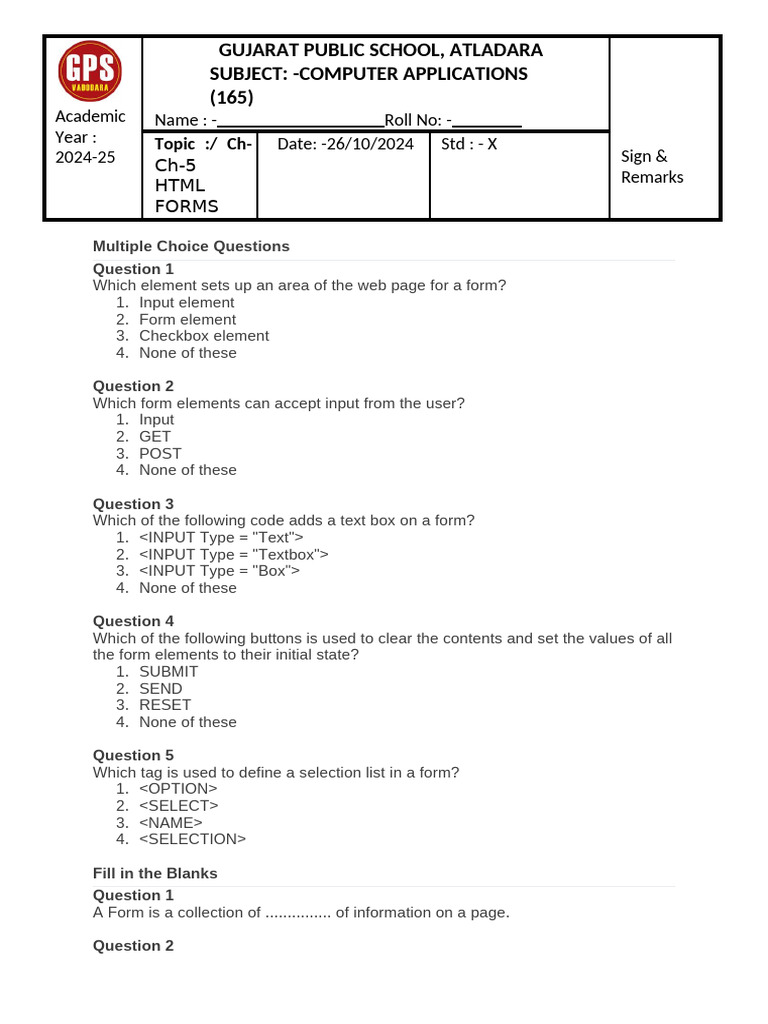 STD X CH-5 HTML FORMS WORKSHEET | PDF | Internet | Software Engineering