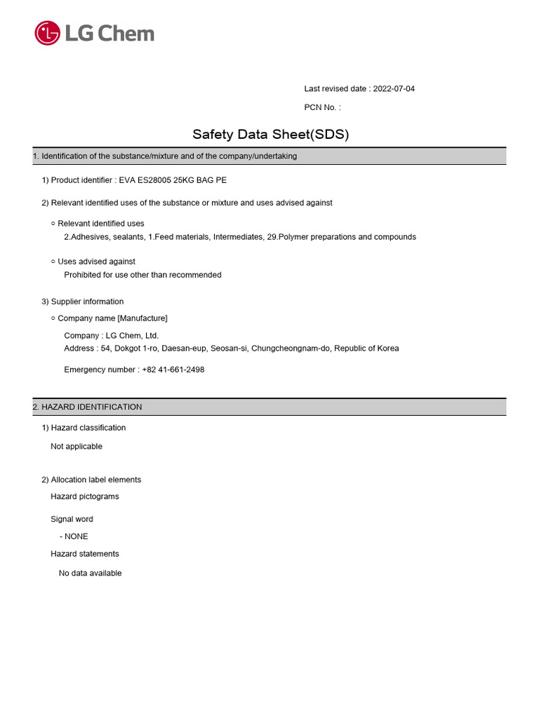 LG MSDS - Eva - Es28005 - en - 220704 | PDF | Personal Protective ...