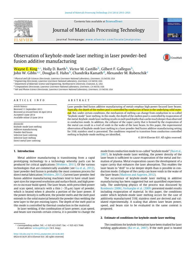 Observation of Keyhole-Mode Laser Melting in Laser Powder-Bed Fusion Additive Manufacturing ...