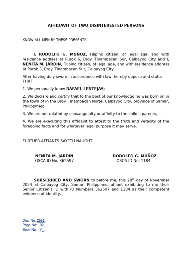 Affidavit of Disinterested Persons | PDF