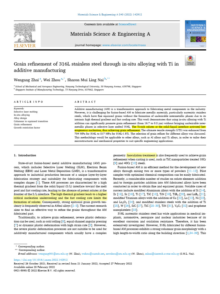 Grain Refinement of 316L Steel with Ti | PDF | Yield (Engineering ...
