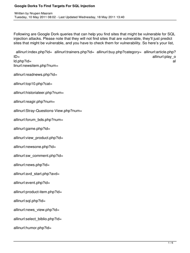 Google Dorks To Find Targets For SQL Injections | PDF | Data | Application Software