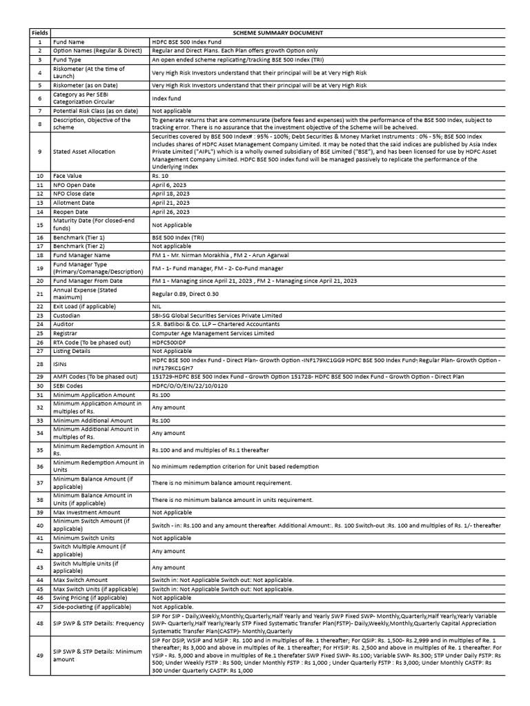 HDFC Bse 500 Index Fund | PDF | Index Fund | Securities (Finance)