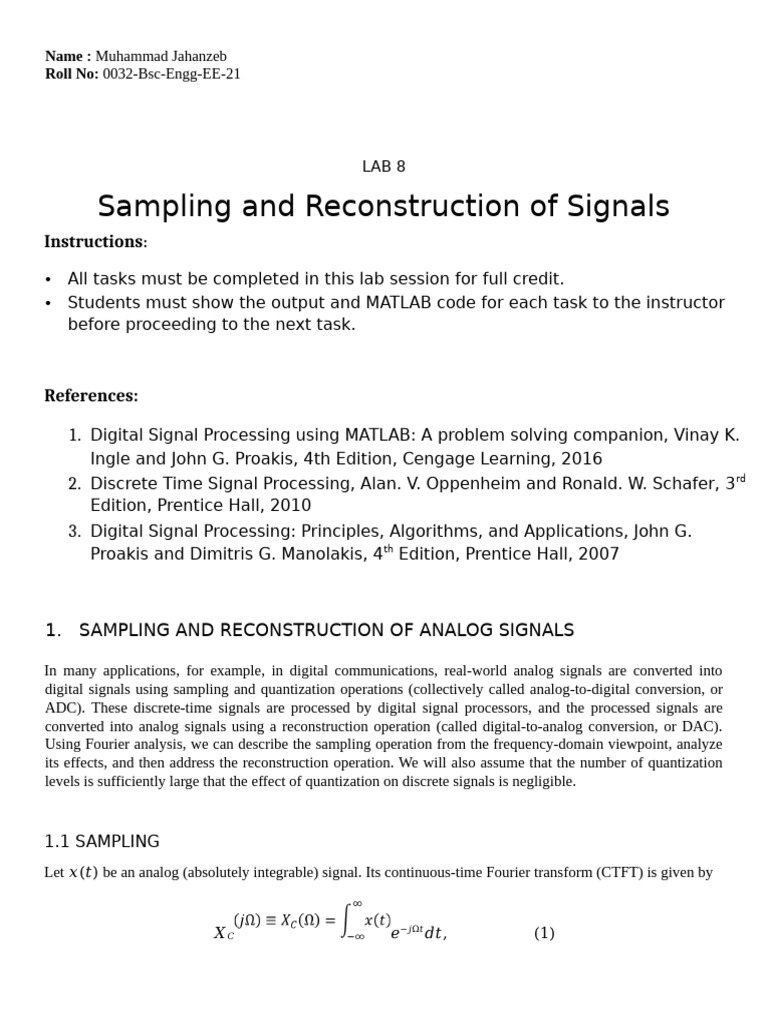 LAB 8 - Sampling and Reconstruction of Signals | PDF | Sampling (Signal ...